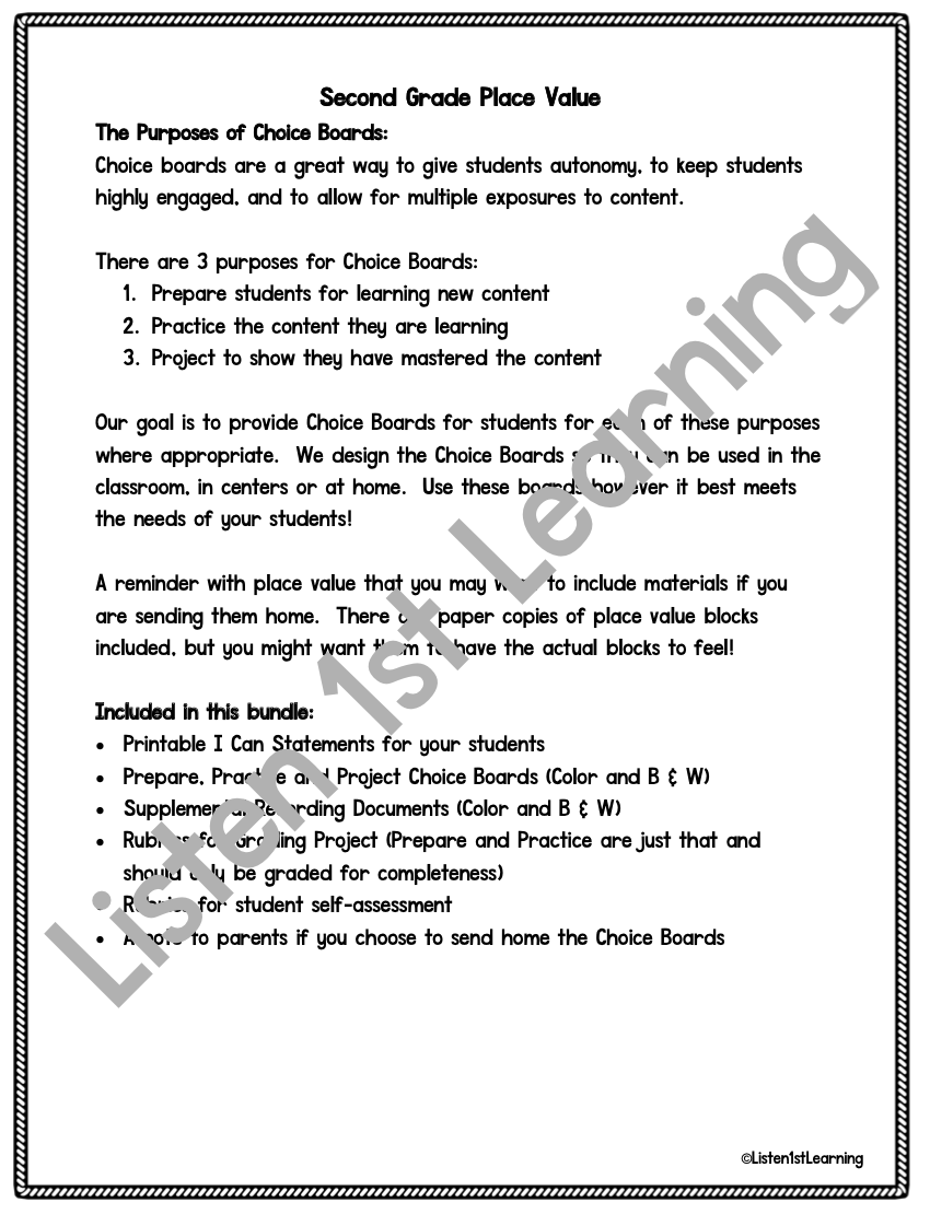 Choice Boards BUNDLE: Place Value – Listen 1st Learning