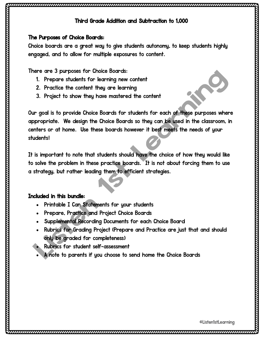 Choice Boards BUNDLE: Addition and Subtraction – Listen 1st Learning