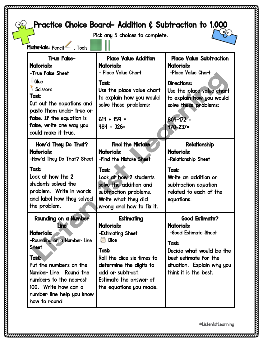 Choice Boards BUNDLE: Addition and Subtraction – Listen 1st Learning