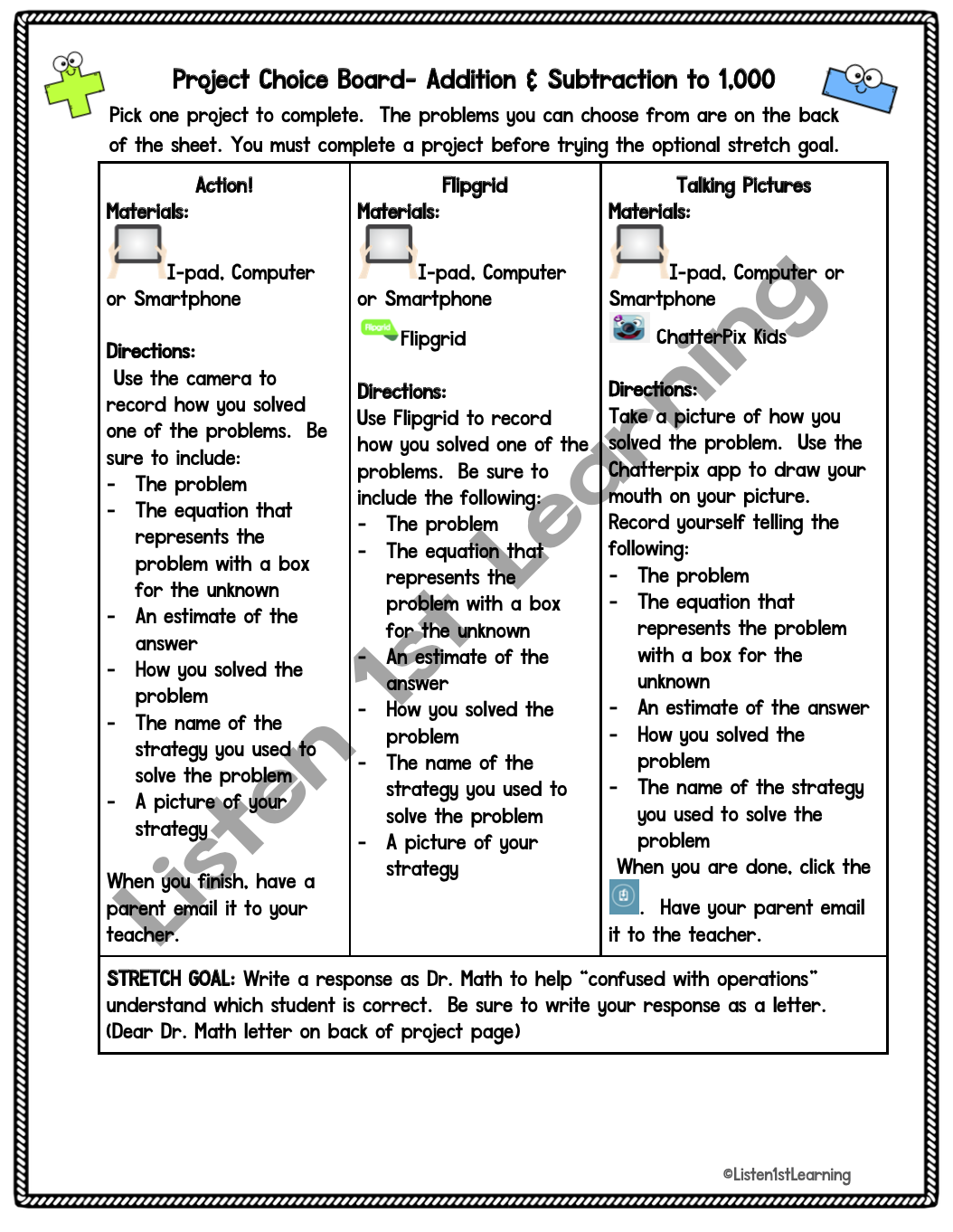 Choice Boards BUNDLE: Addition and Subtraction – Listen 1st Learning